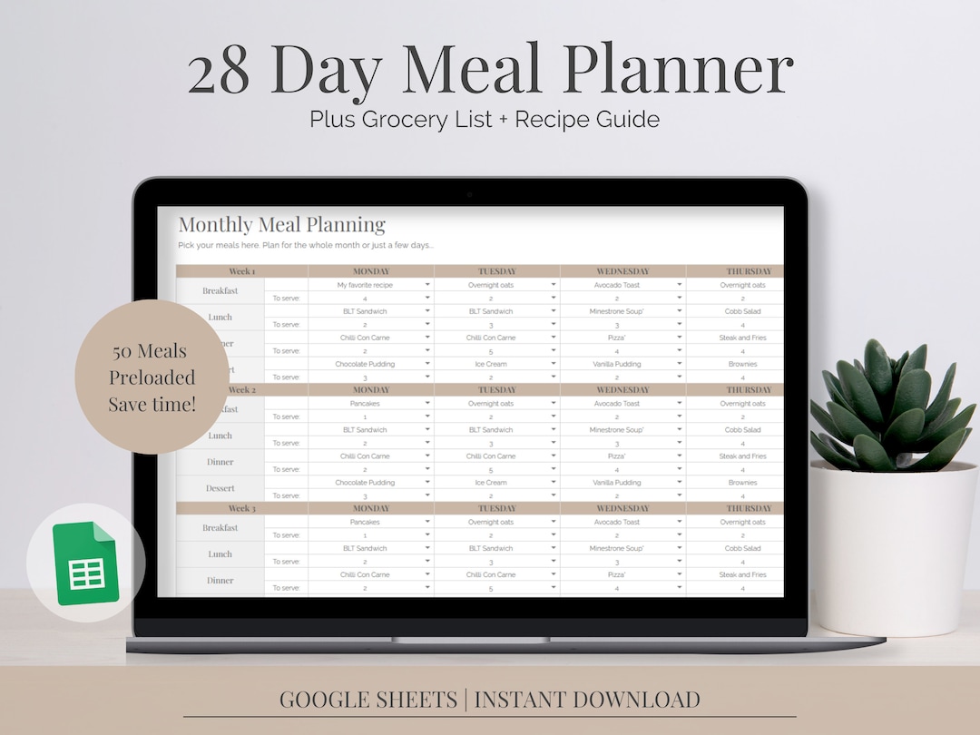 28 Day Meal Plan Dish Manager Spreadsheet | Daily Dishes Google Sheet ...