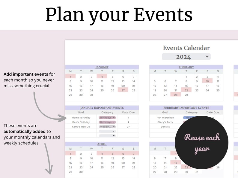 Goal and Event Calendar | Google Sheets Annual and Monthly Calendar ...