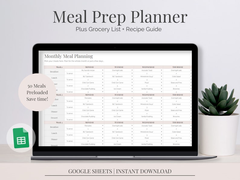 Easy Meal Prep Google Sheet | Recipe Organizer Spreadsheet | 28 Day ...