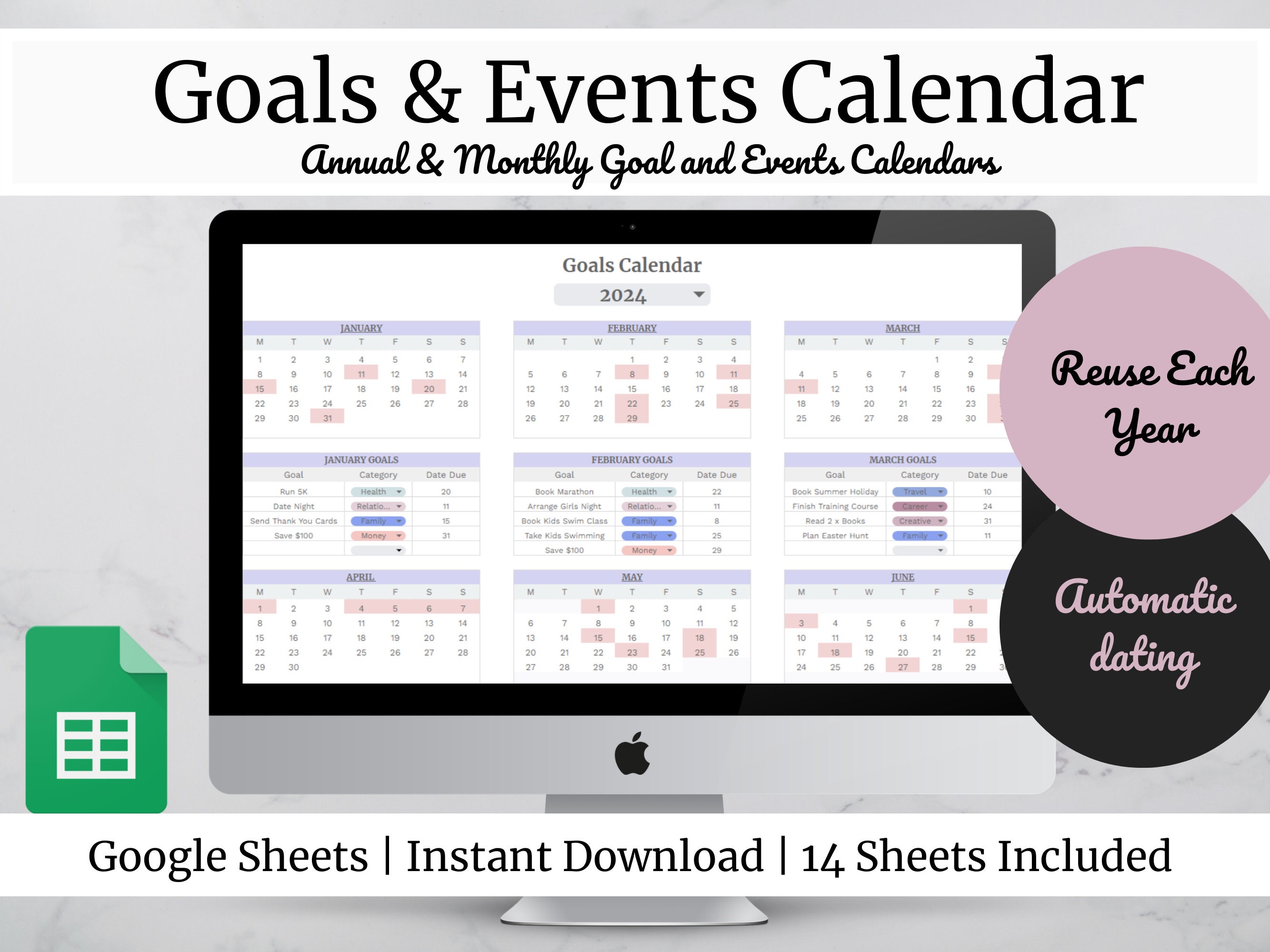 Goal and Event Calendar | Google Sheets Annual and Monthly Calendar ...