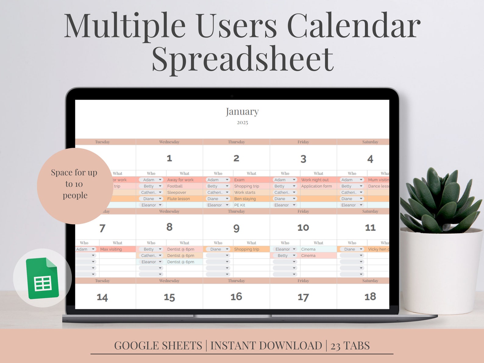 Reusable Multi-person Monthly Schedule | Weekly Calendar Google Sheet ...