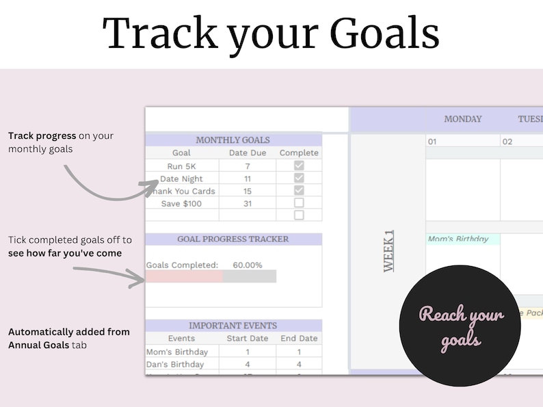 Goal and Event Calendar | Google Sheets Annual and Monthly Calendar ...