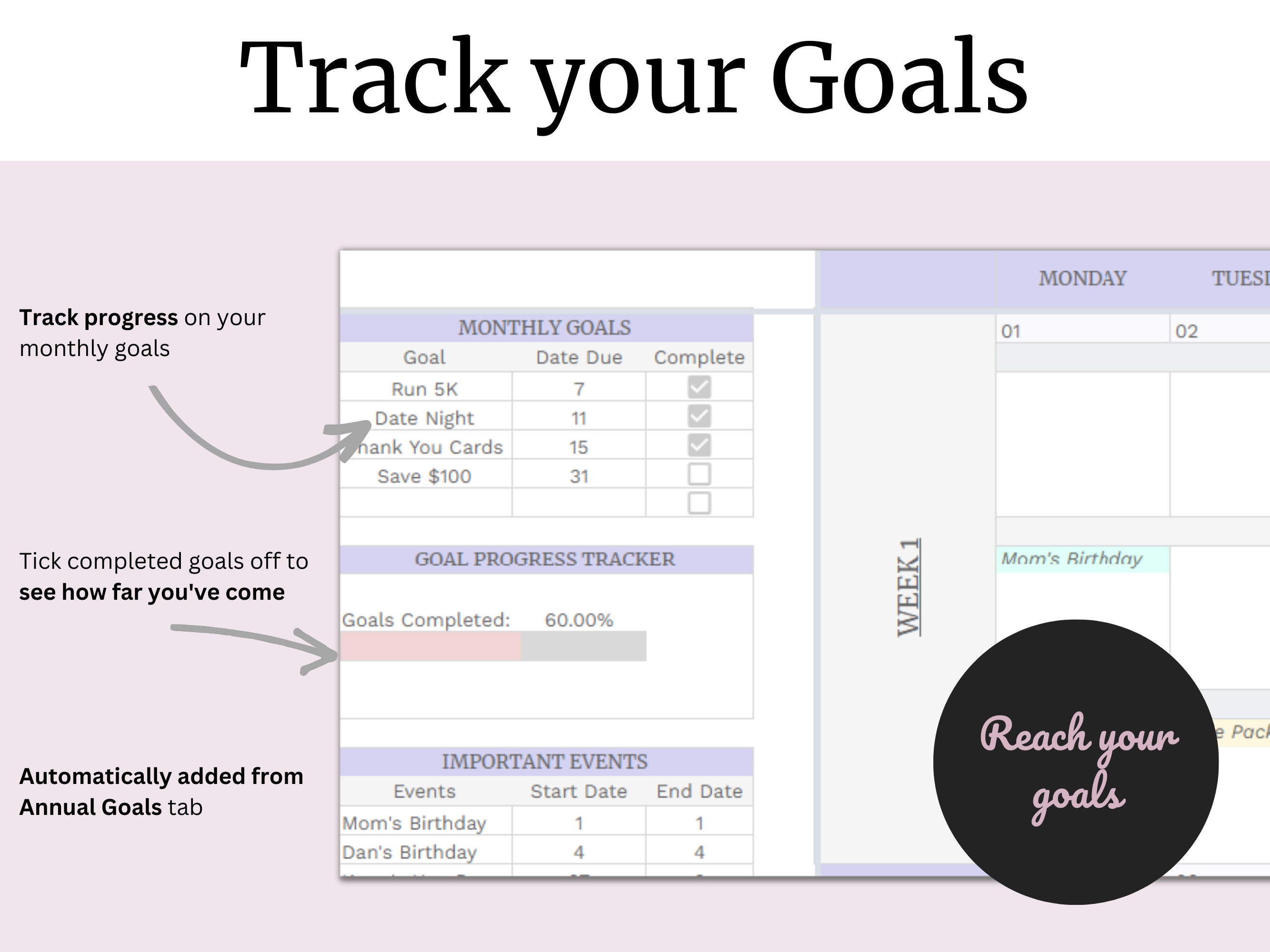 Goal and Event Calendar | Google Sheets Annual and Monthly Calendar ...