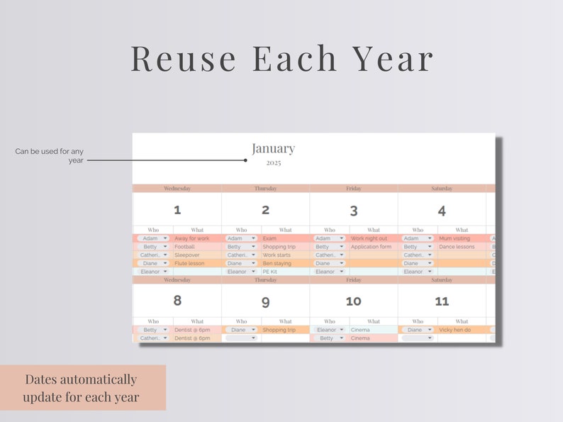 Reusable Multi-person Monthly Schedule | Weekly Calendar Google Sheet ...