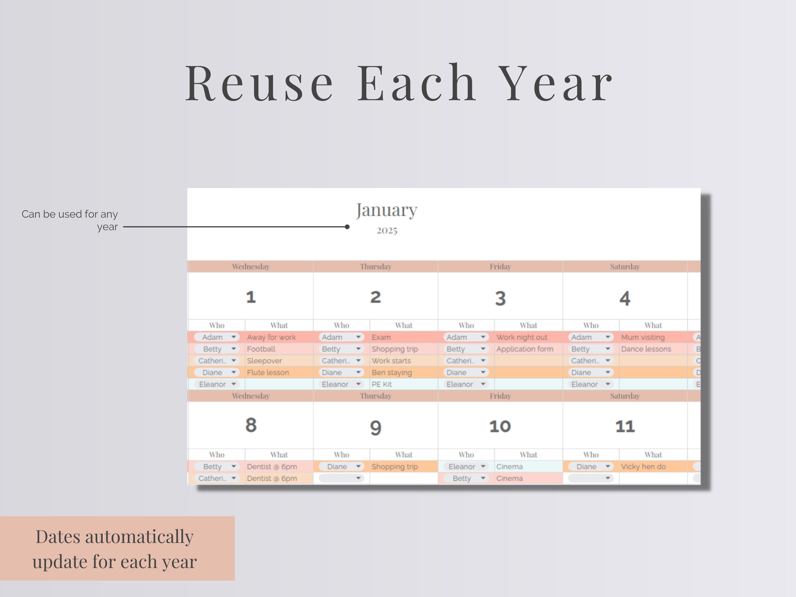 Reusable Multi-person Monthly Schedule | Weekly Calendar Google Sheet ...