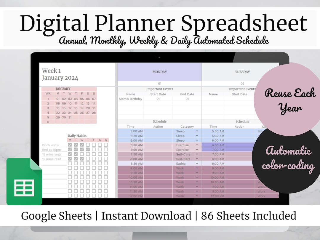 Digital Planner Spreadsheet | Google Sheets Annual, Monthly, Weekly and ...