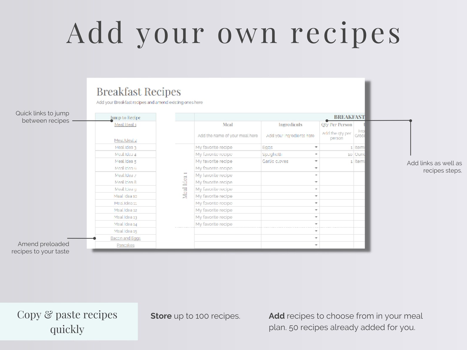 Meal and Recipe Planner | Customizable Google Sheet | Automatic Meal ...