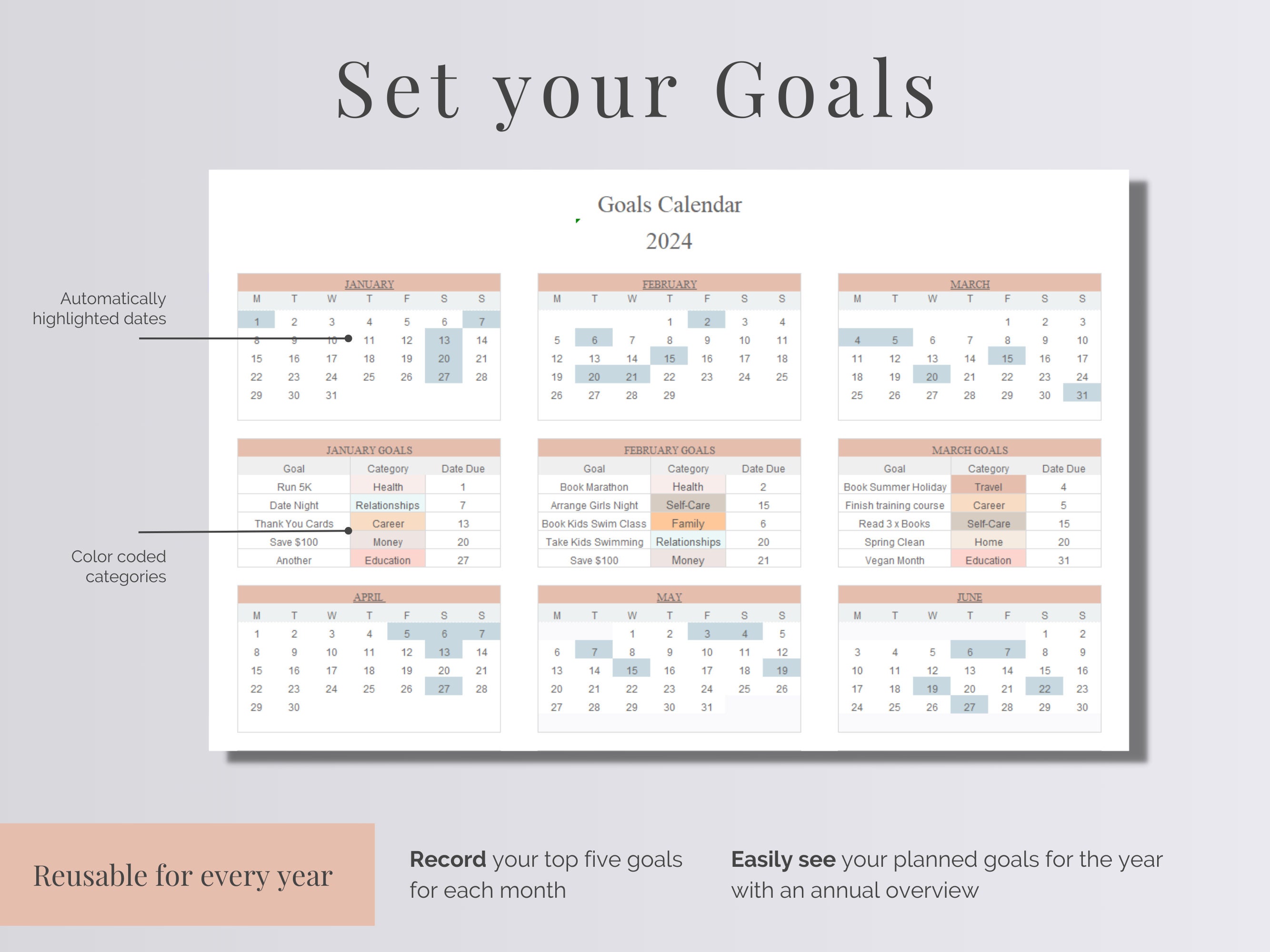 Editable Excel Calendar | Personalized Spreadsheet Template | Goal ...