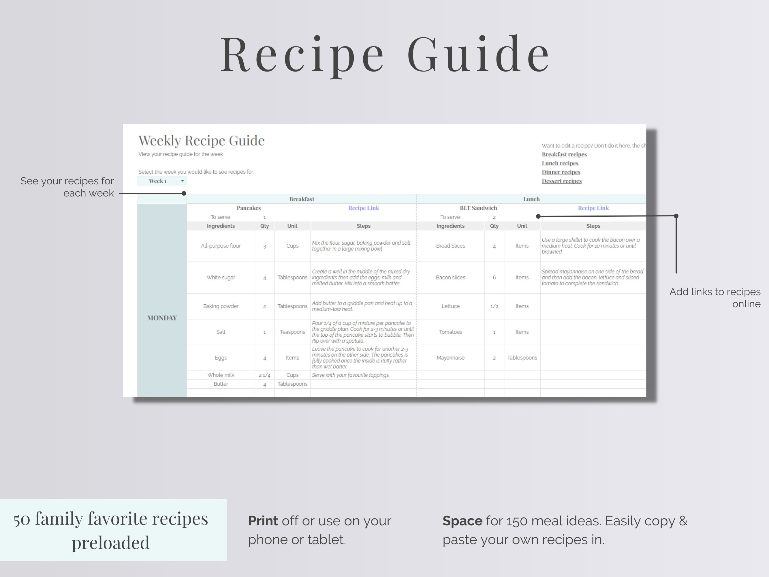 Meal and Recipe Planner | Customizable Google Sheet | Automatic Meal ...