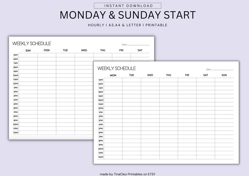 WEEKLY HOURLY PLANNER Printable Landscape, Minimalist Weekly Schedule ...