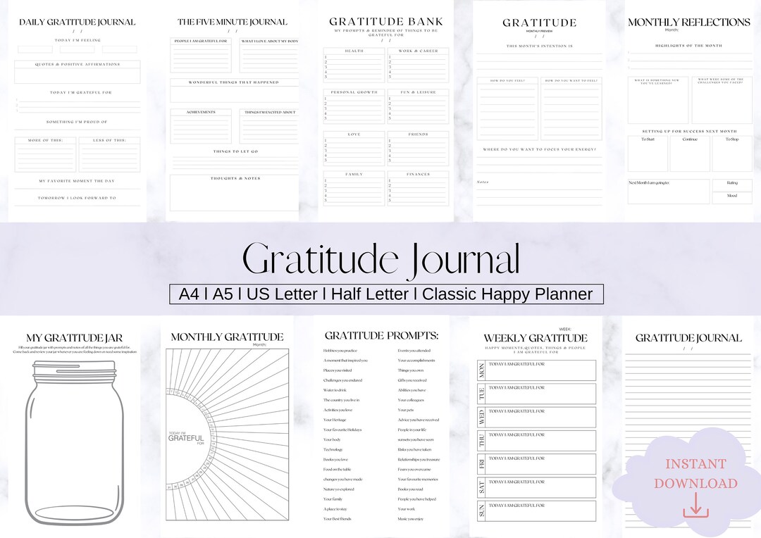 Printable Gratitude Journal Bundle, Self Care, Mindfulness (digital ...