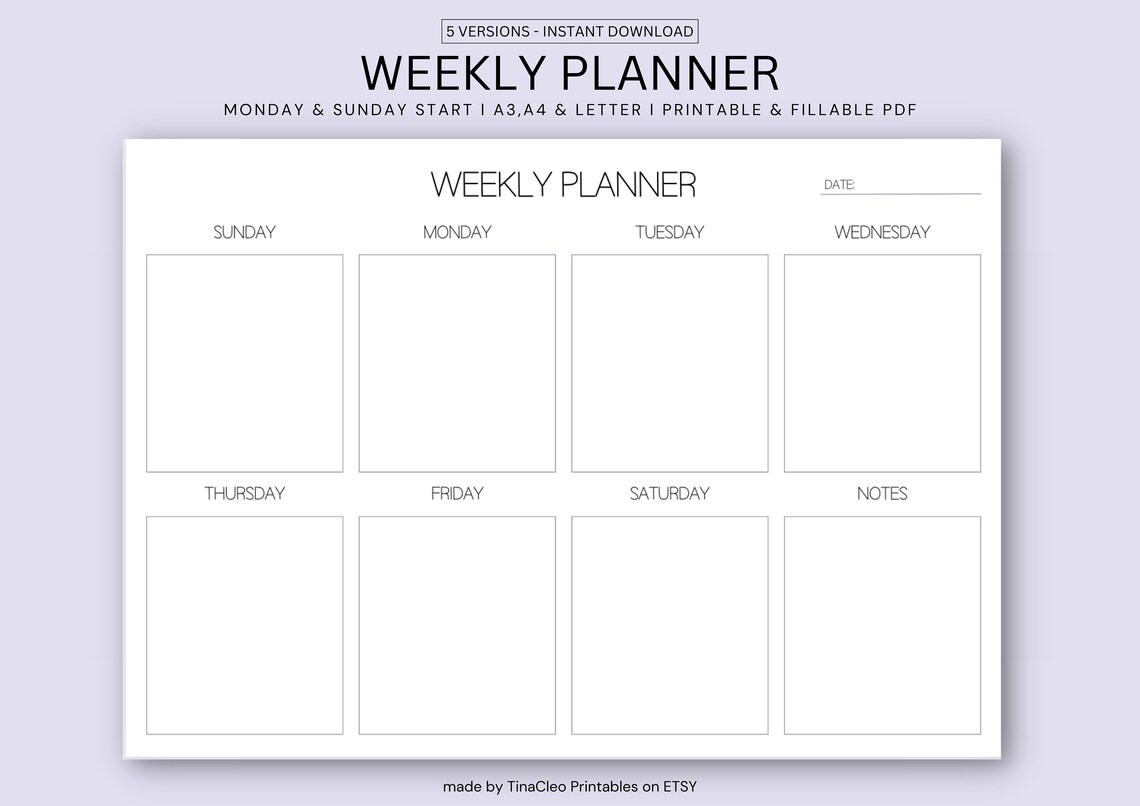 Minimalist Weekly Planner Printable, Landscape Layout (digital Download ...