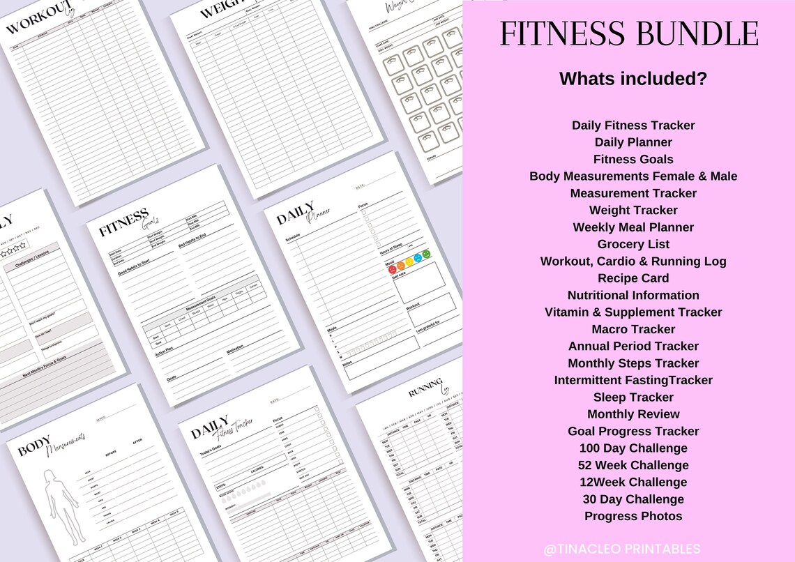 PRINTABLE FITNESS PLANNER, Health and Fitness Bundle, Fitness Journal ...
