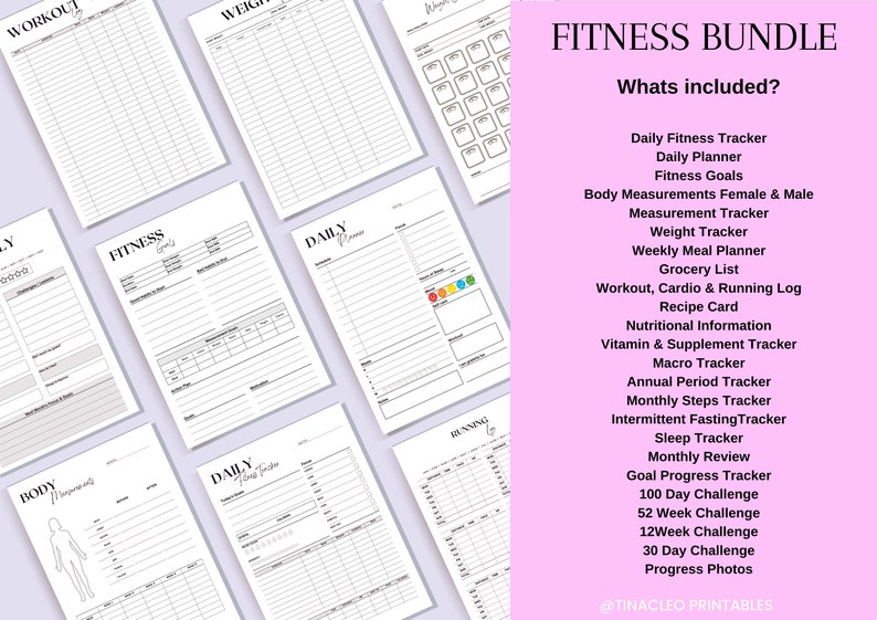 Printable Fitness Planner Bundle, Workout, Diet, Meal Tracker (digital ...