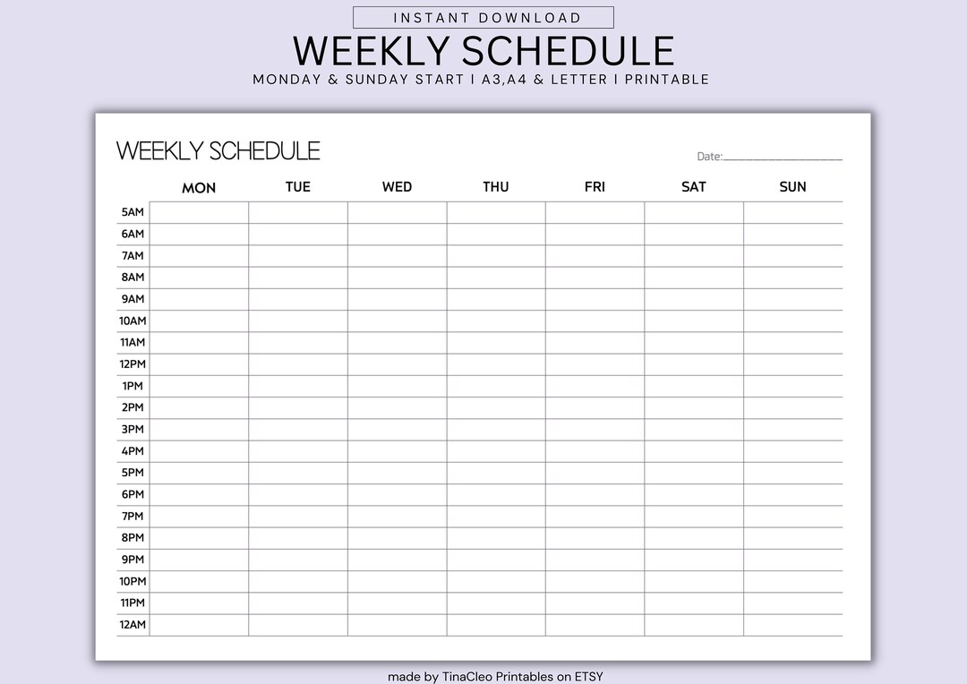 WEEKLY HOURLY PLANNER Printable Landscape, Minimalist Weekly Schedule ...