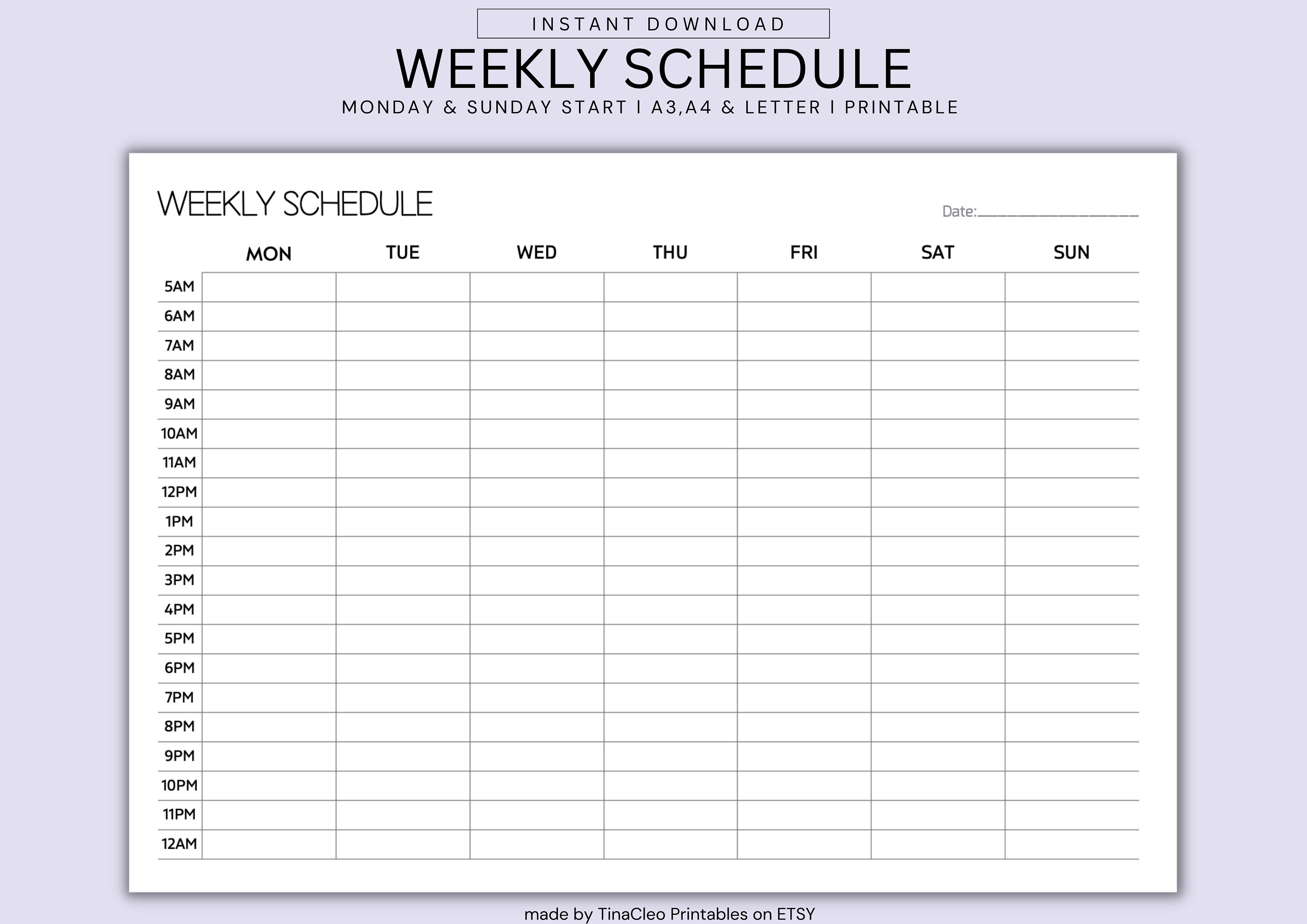 WEEKLY HOURLY PLANNER Printable Landscape, Minimalist Weekly Schedule ...