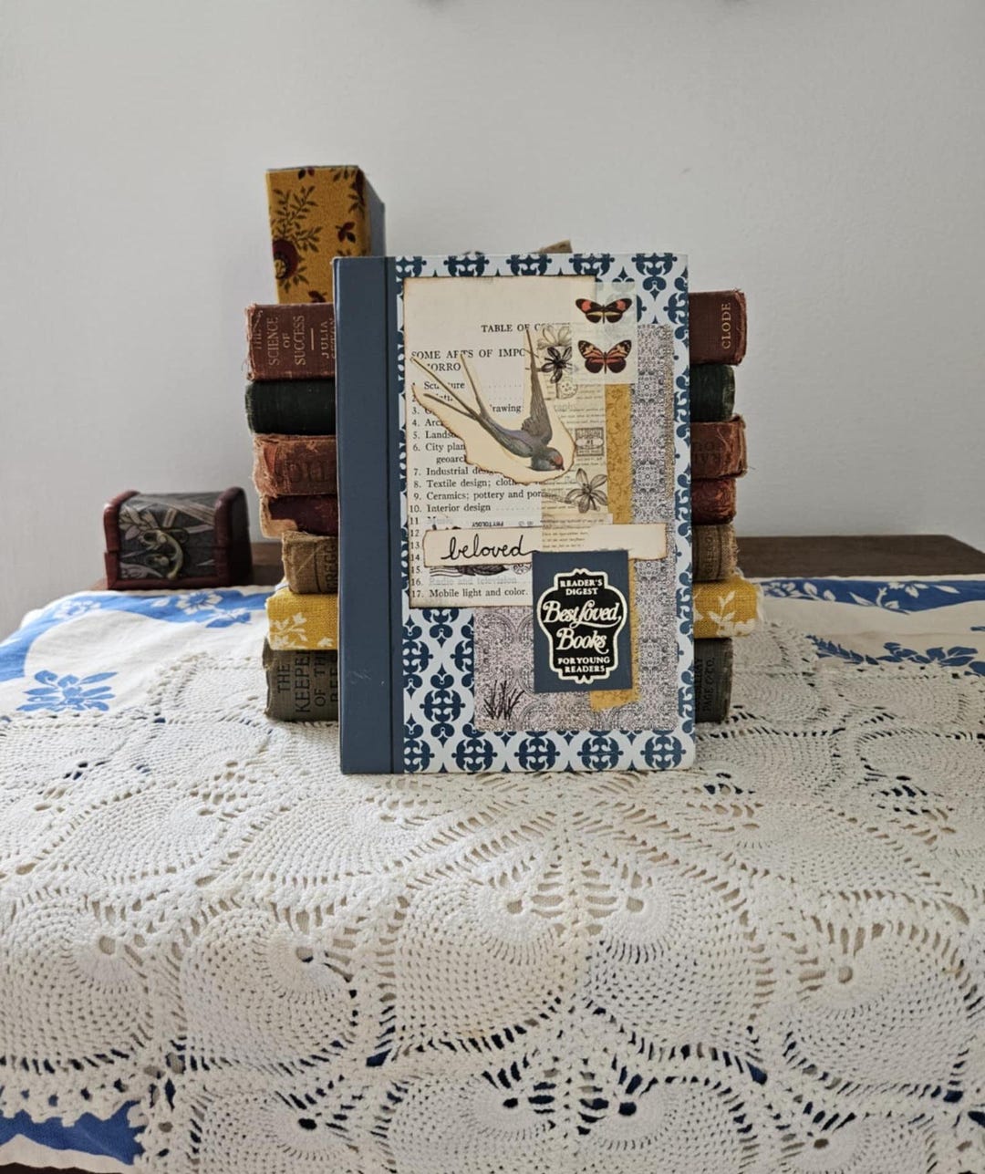 Blue Book Cover Art, Bookpage Collage Art, Handmade Gift for Book ...