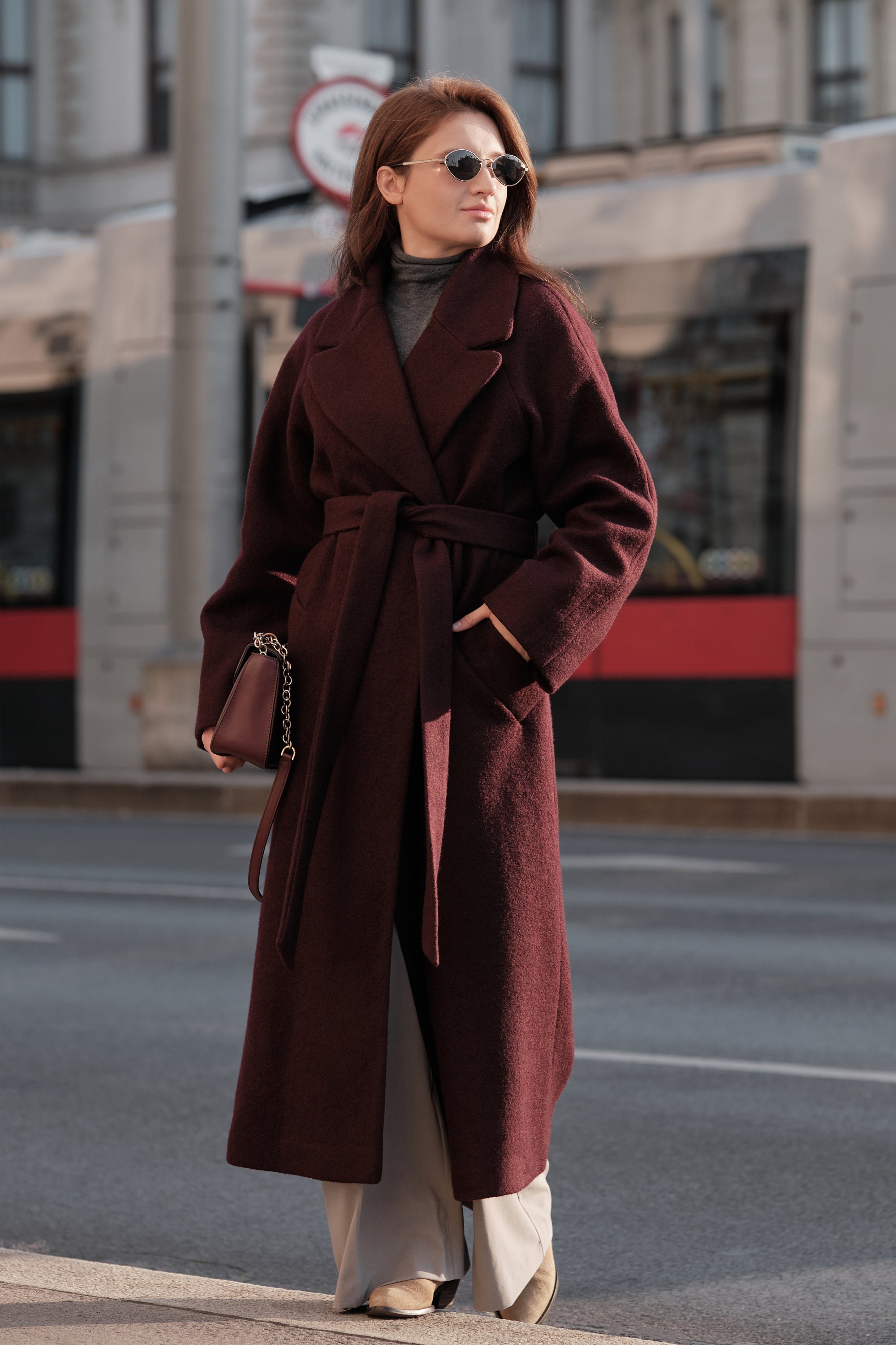 Long Burgundy Wool Coat, Burgundy Woolen Coat, Lined Warm Winter Coat ...