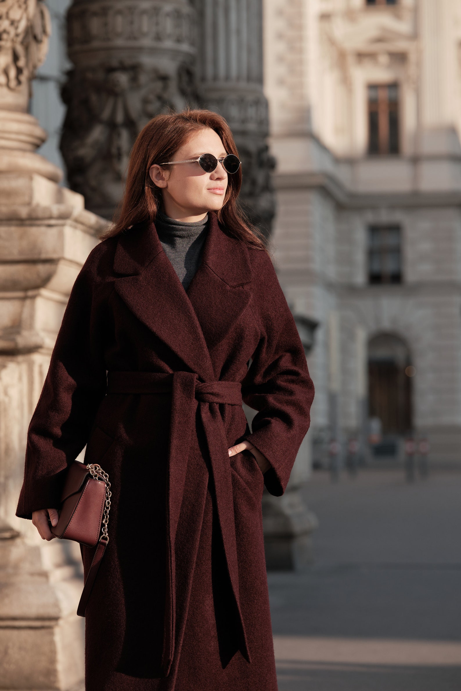 Long Burgundy Wool Coat, Burgundy Woolen Coat, Lined Warm Winter Coat ...