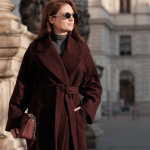 Long Burgundy Wool Coat, Burgundy Woolen Coat, Lined Warm Winter Coat ...