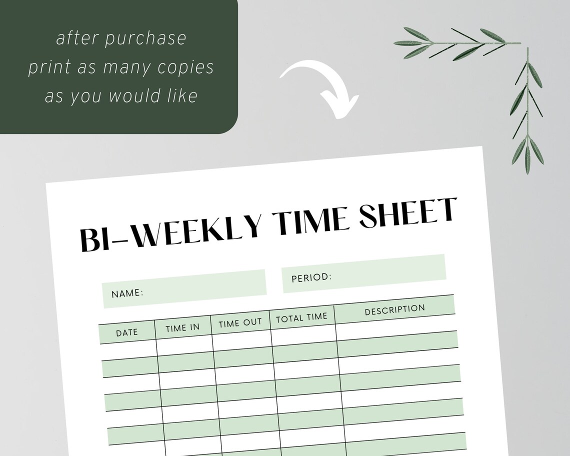Biweekly Time Sheet | Minimalist Time Sheet | Instant Download ...