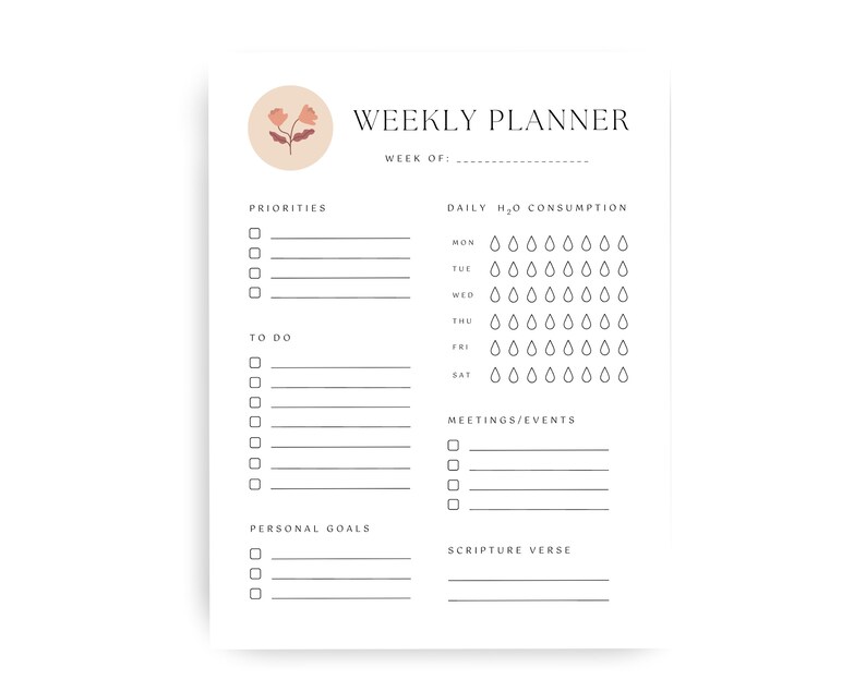 Weekly Planner Printable | Undated Planner With Water Consumption ...