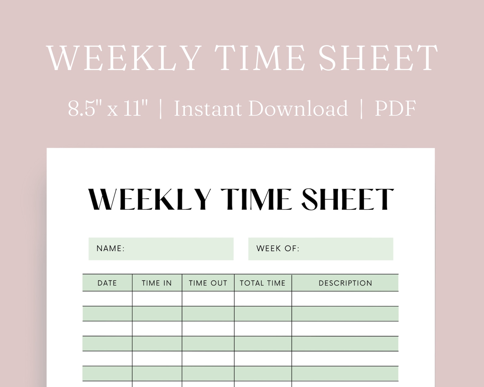 Weekly Time Sheet | Minimalist Time Sheet | Printable | Instant Download | Private Contractor ...