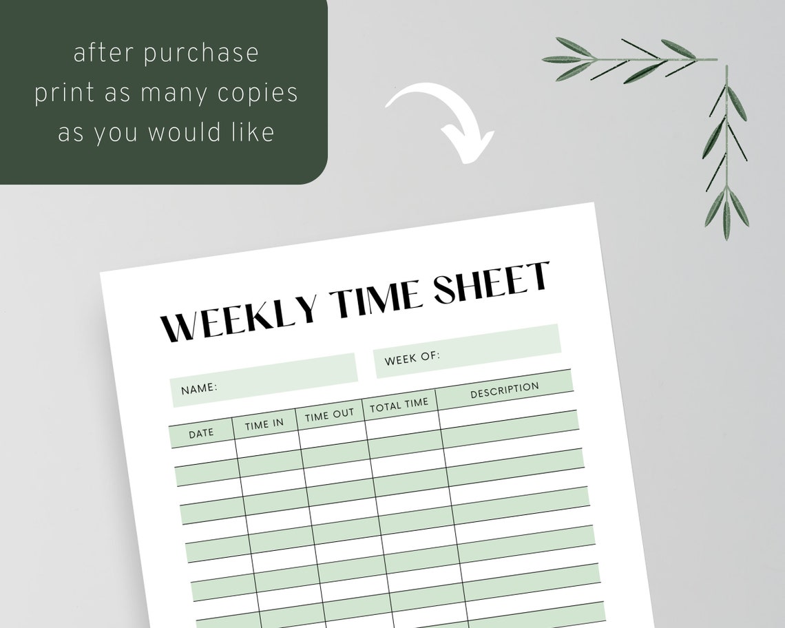Weekly Time Sheet | Minimalist Time Sheet | Printable | Instant Download | Private Contractor ...