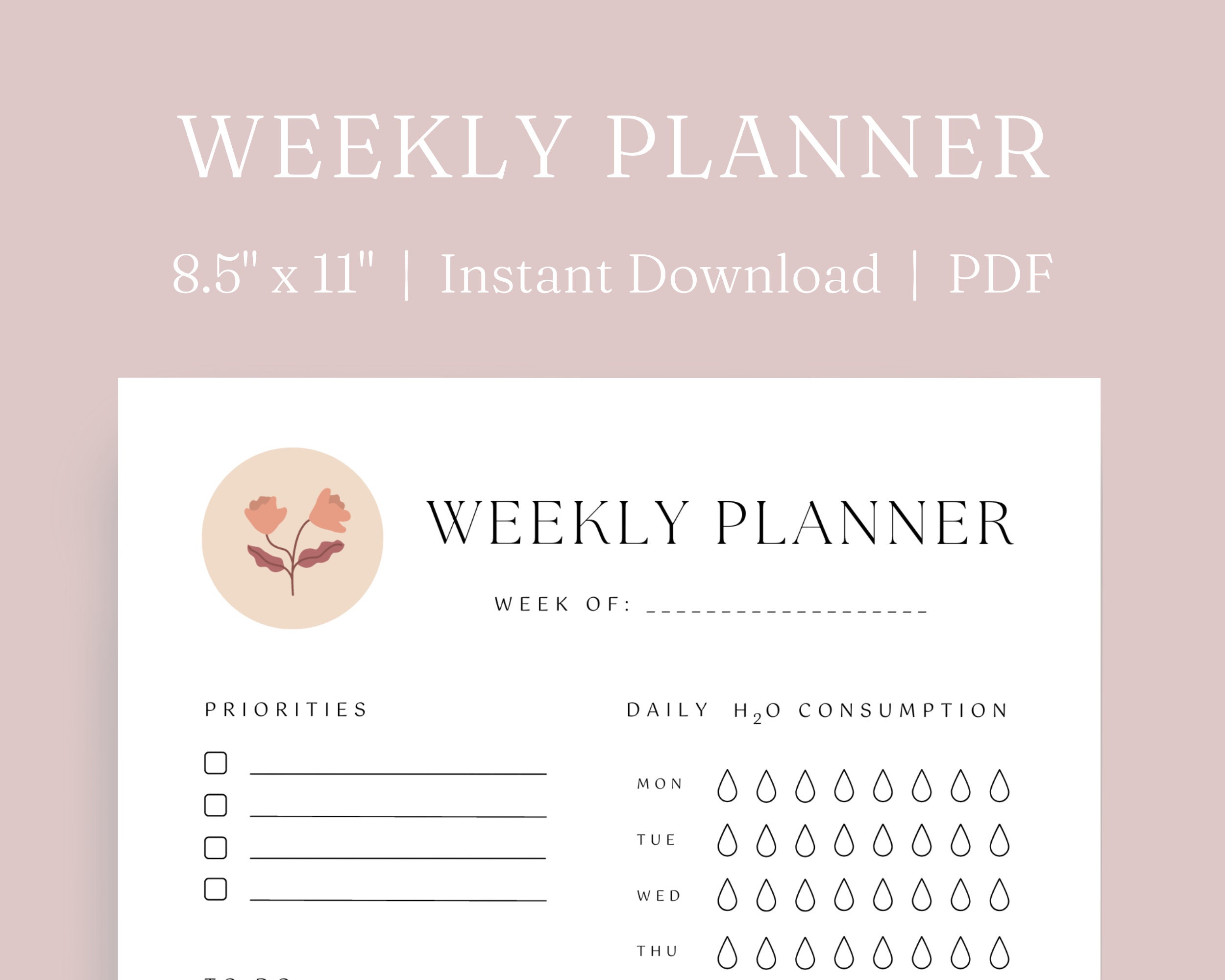 Weekly Planner Printable | Undated Planner With Water Consumption ...