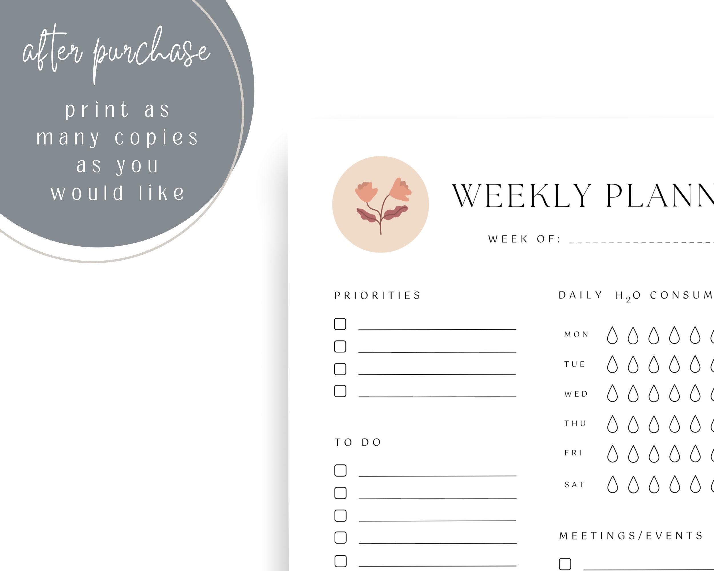 Weekly Planner Printable Undated Planner With Water Consumption Tracker ...