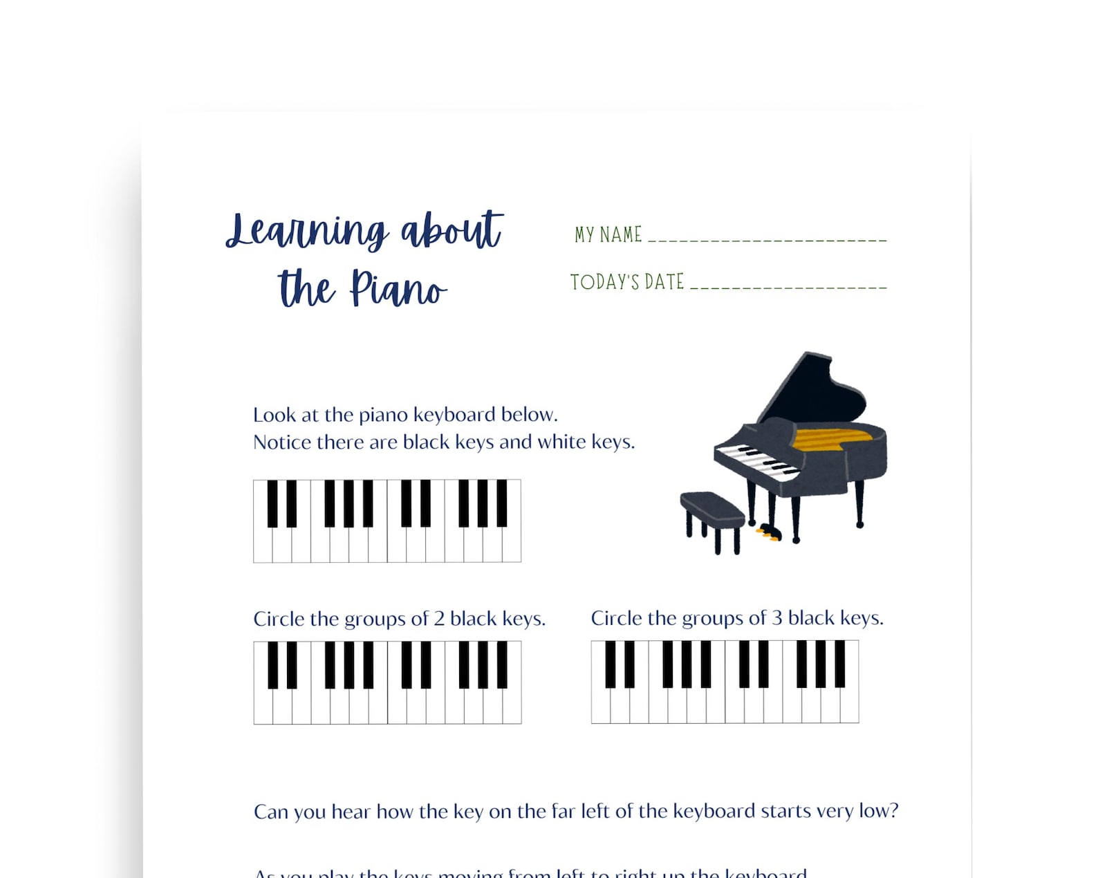 Learning About the Piano Worksheet | Kids First Piano Lesson Worksheet ...