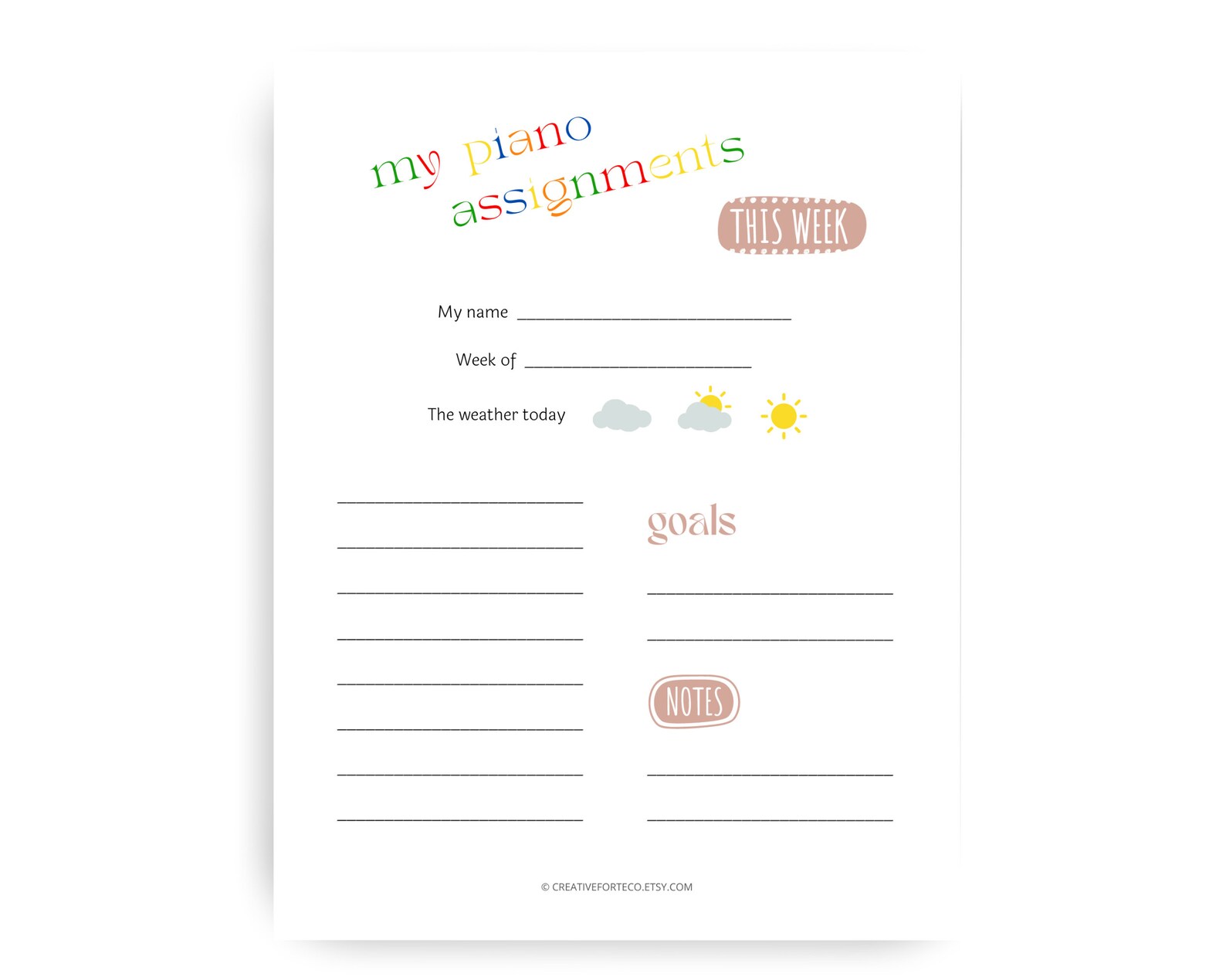 Weekly Piano Assignment Sheet for Kids | Weekly Piano Practice Page ...