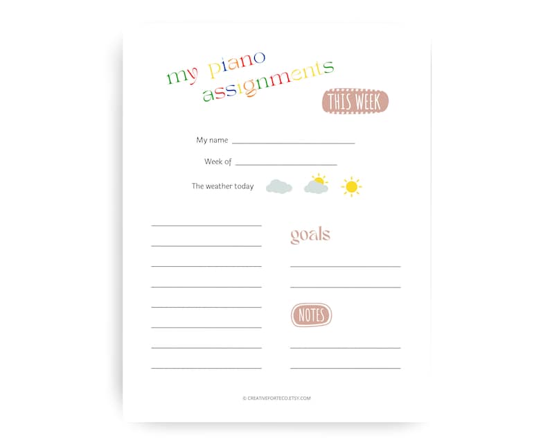 Weekly Piano Assignment Sheet for Kids | Weekly Piano Practice Page ...