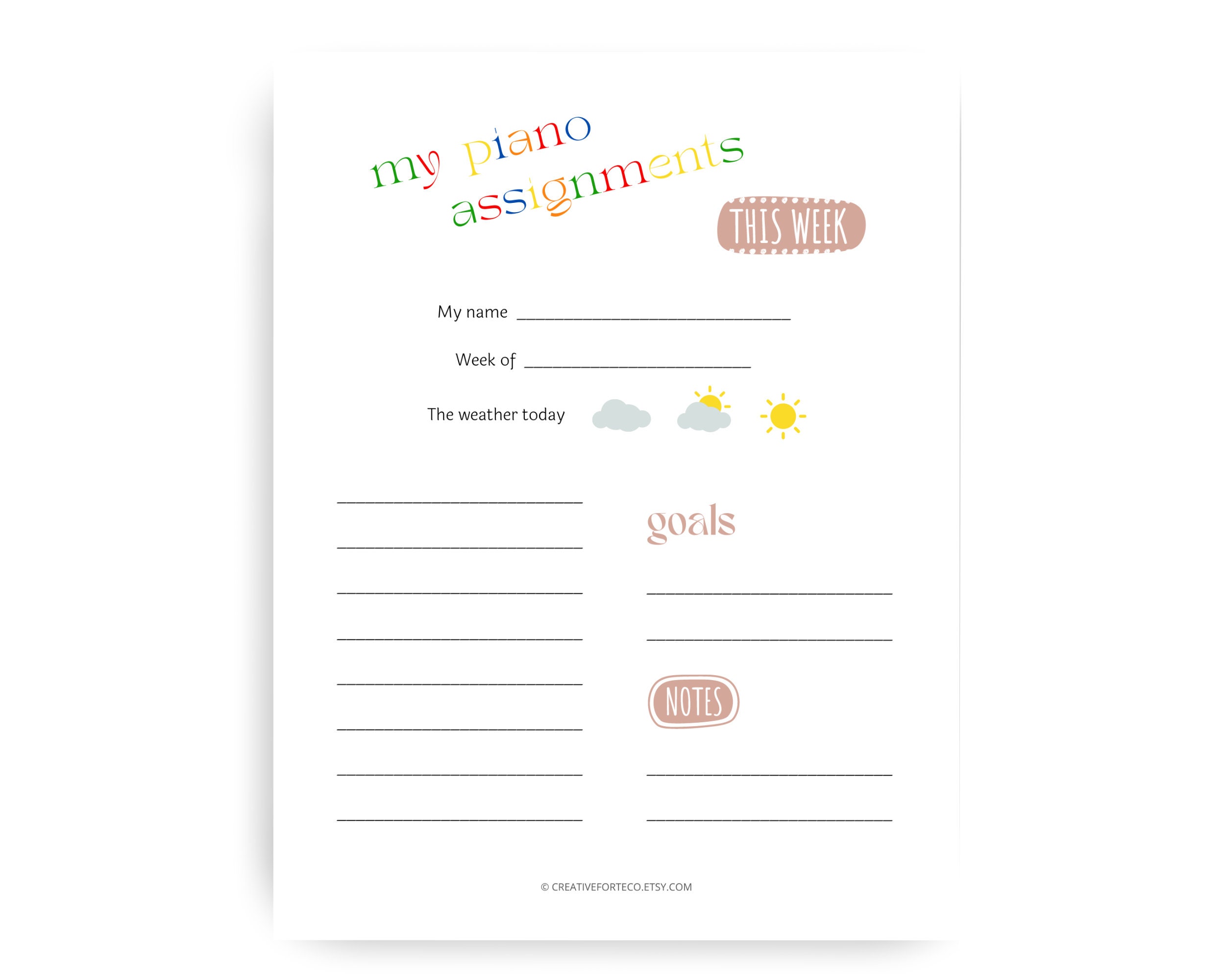 Weekly Piano Assignment Sheet for Kids | Weekly Piano Practice Page ...