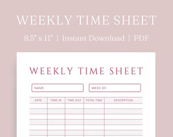 Weekly Time Sheet | Minimalist Time Sheet | Printable | Instant ...