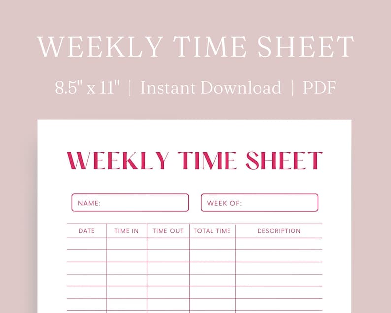 Weekly Time Sheet | Minimalist Time Sheet | Printable | Instant Download | Private Contractor ...