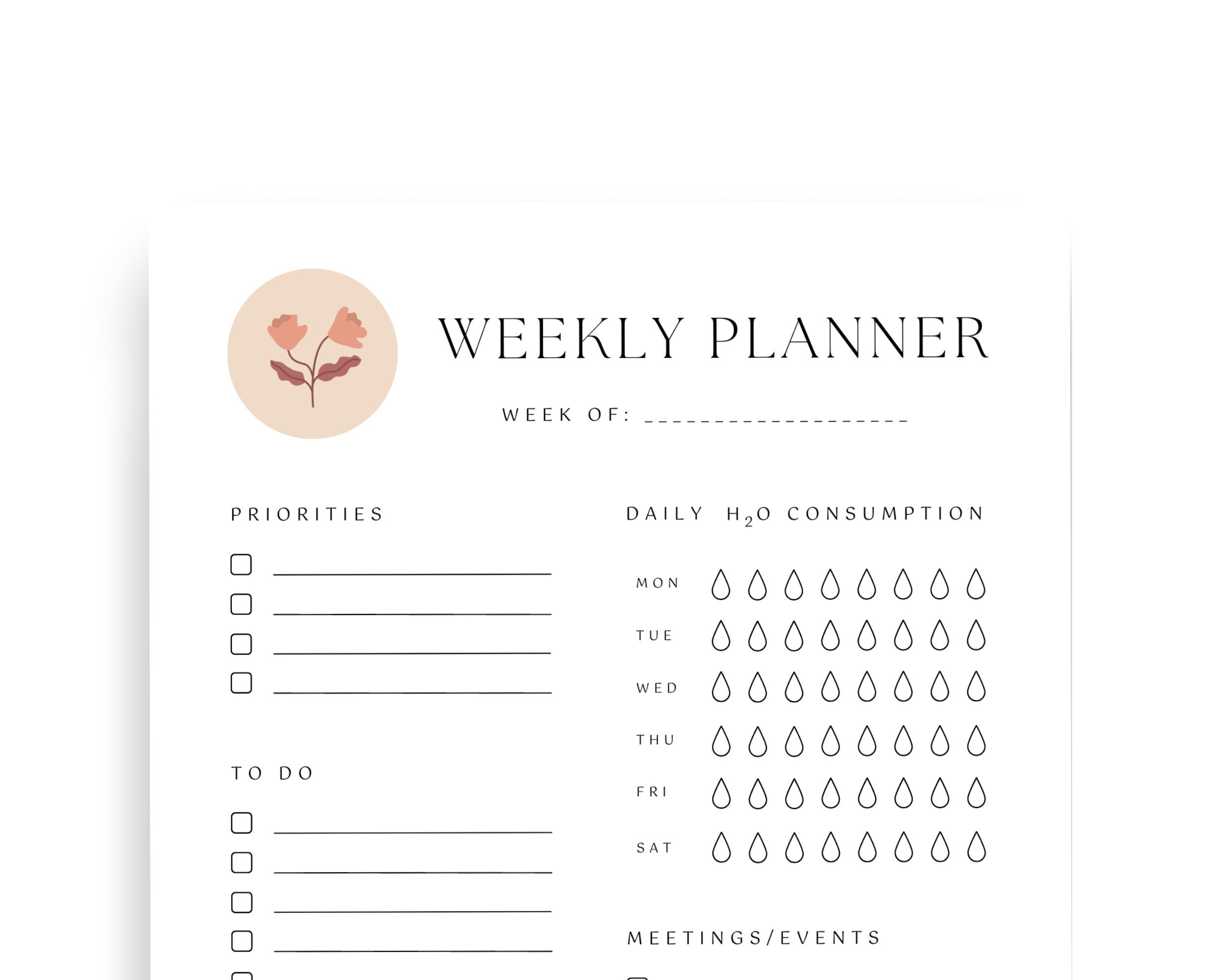 Weekly Planner Printable | Undated Planner With Water Consumption ...