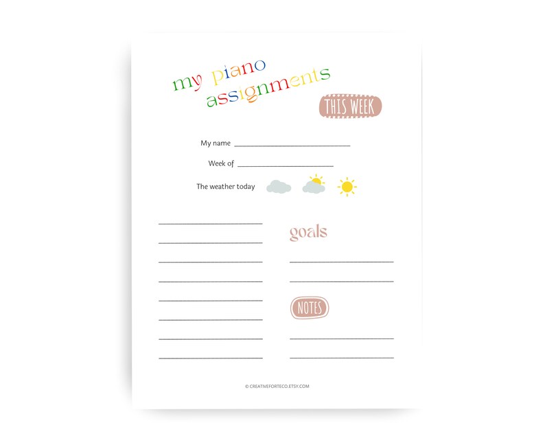 Weekly Piano Assignment Sheet for Kids | Weekly Piano Practice Page ...