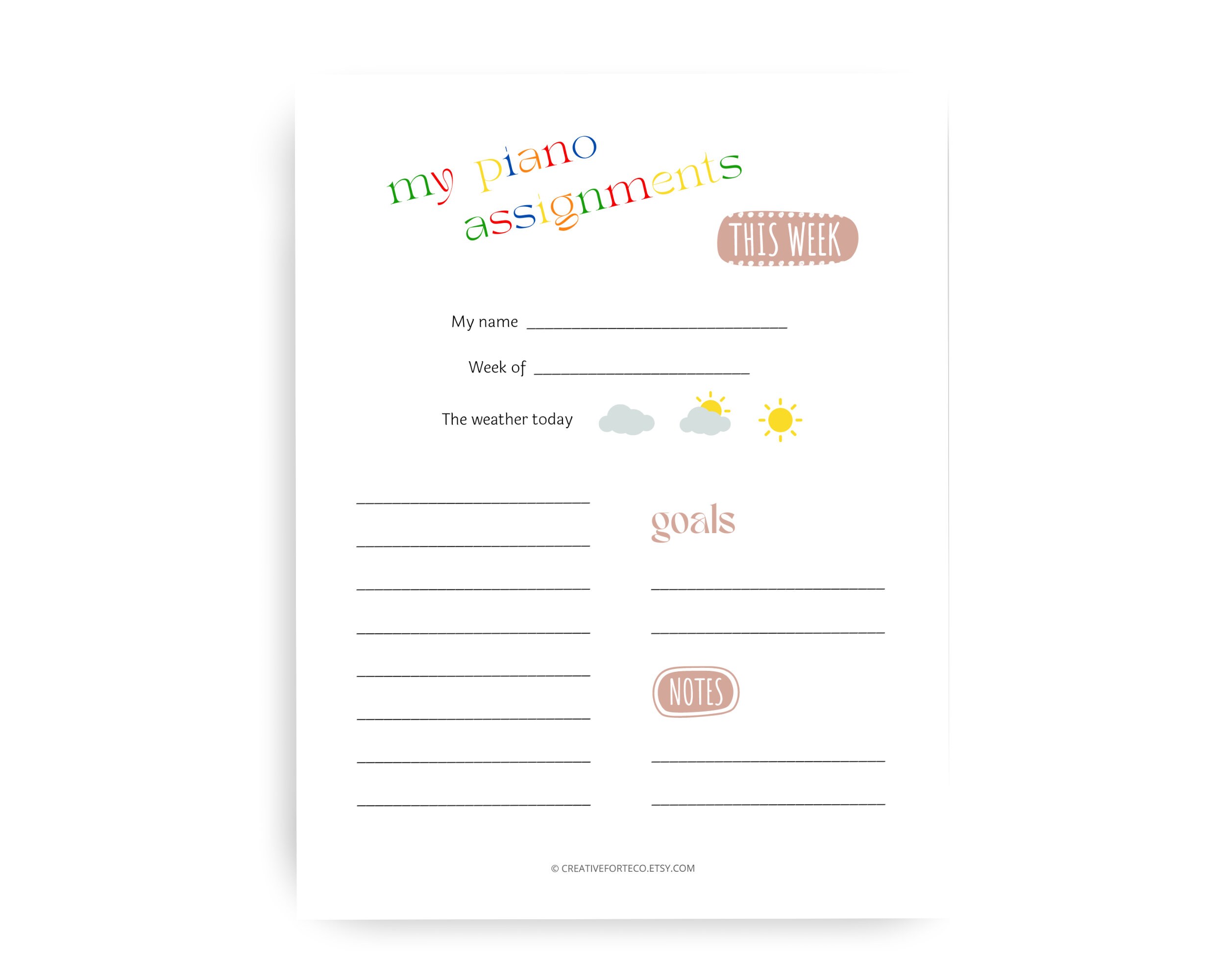 Weekly Piano Assignment Sheet for Kids | Weekly Piano Practice Page ...