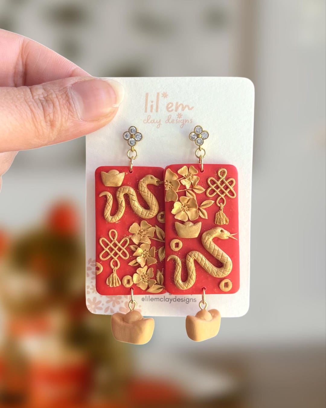Handmade Clay Lunar New Year Earrings Red With Gold Flowers and Gold Ingot Dangles Chinese New Year Chinese Zodiac Year of the Snake Etsy