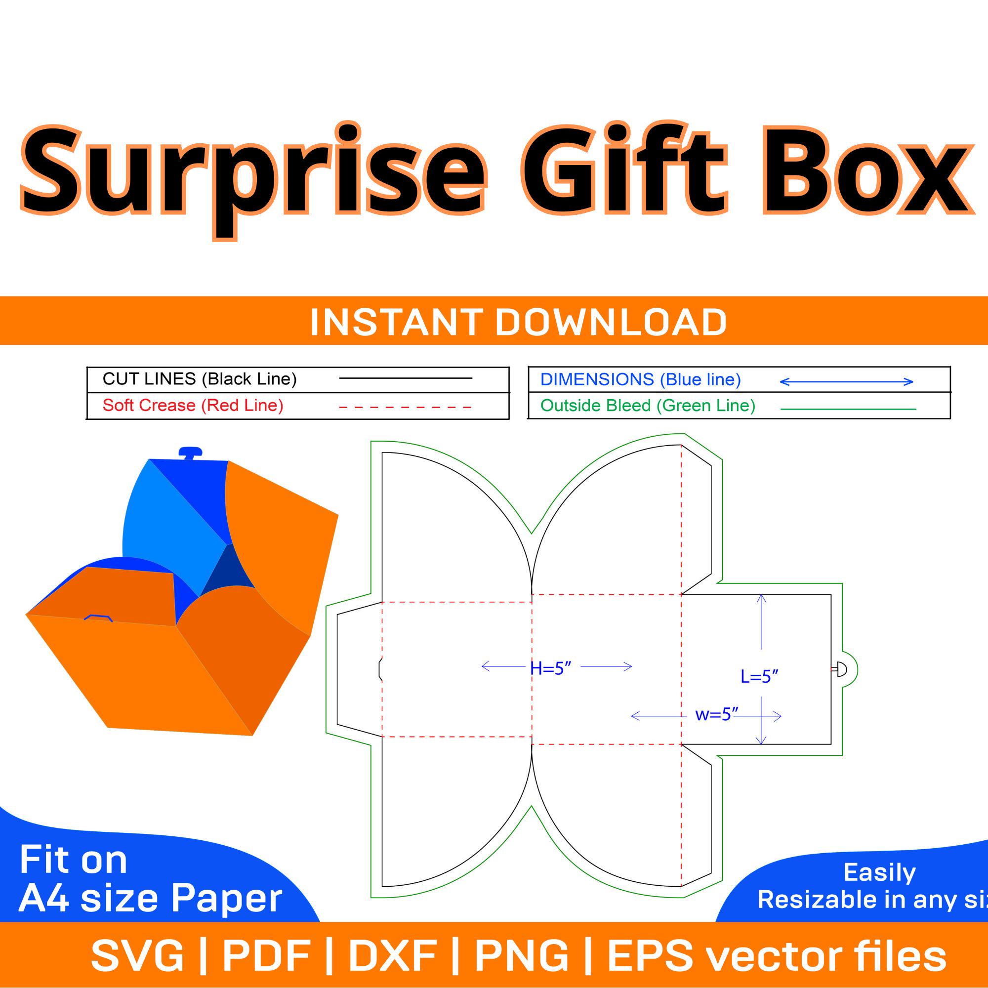 Surprise Gift Box Dieline Template | 3D Foldable Box Cut File SVG | DIY ...