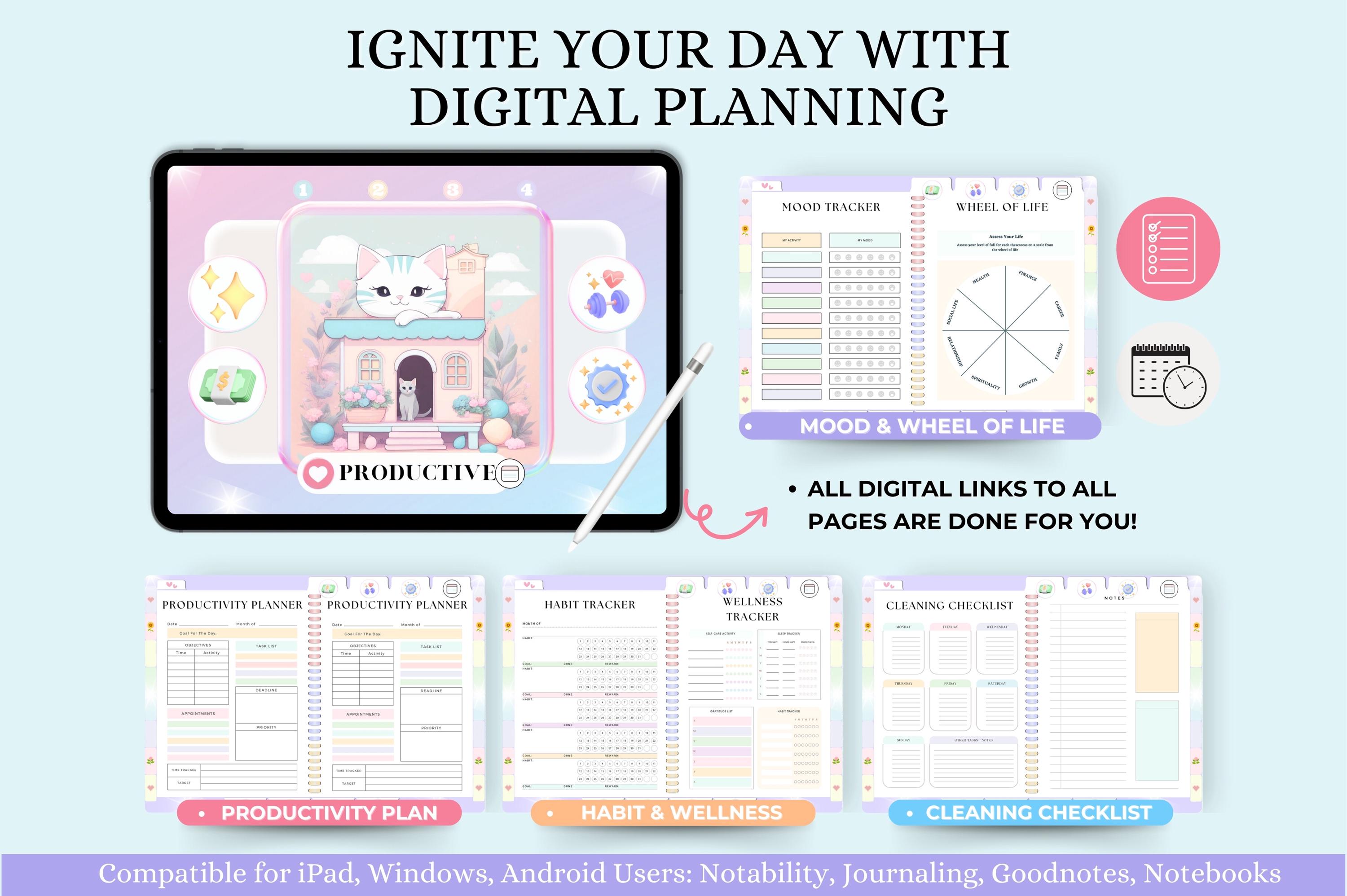Undated Digital Planner With Hyperlinks – Daily, Weekly, Monthly Pages ...