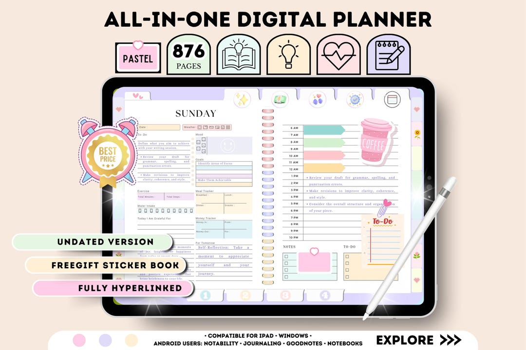 Undated Digital Planner With Hyperlinks – Daily, Weekly, Monthly Pages ...