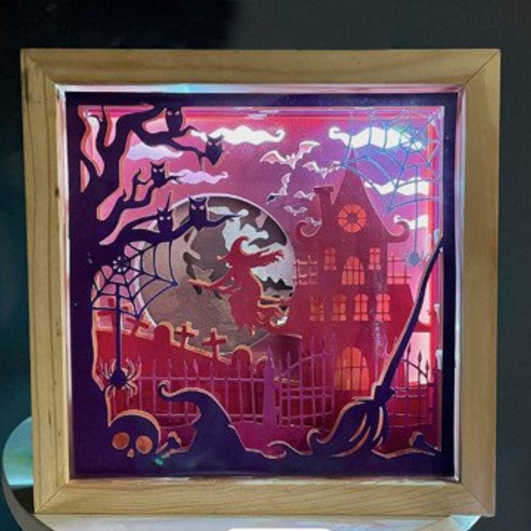3D Halloween Night Shadow Box SVG | Witch Scene Papercut Template ...
