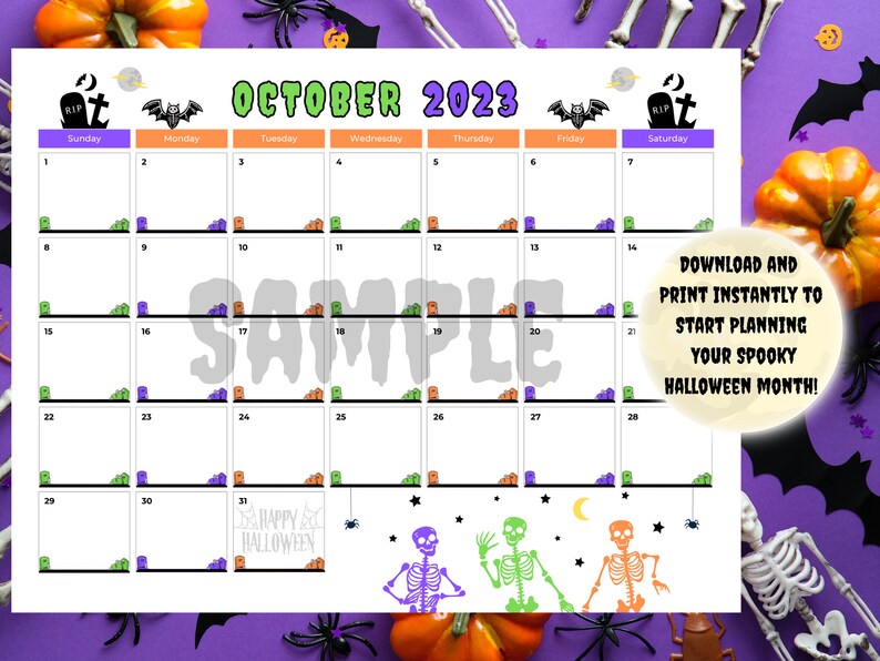 Cute Skeleton October 2023 Printable Calendar - Etsy