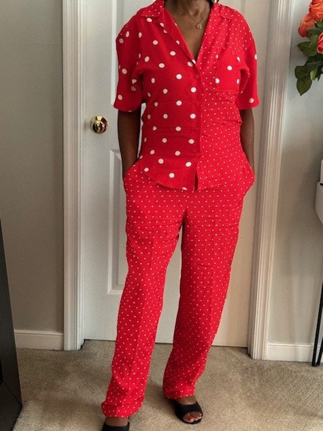 80s Josephine Chaus Red Polka Dot Shirt and Pant Set - Etsy