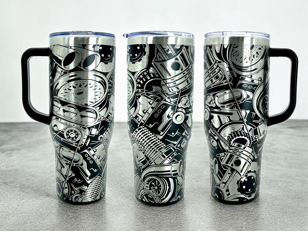 Car Engine Automotive 40oz Steel Tumbler - Black Laser Engraved Steel ...