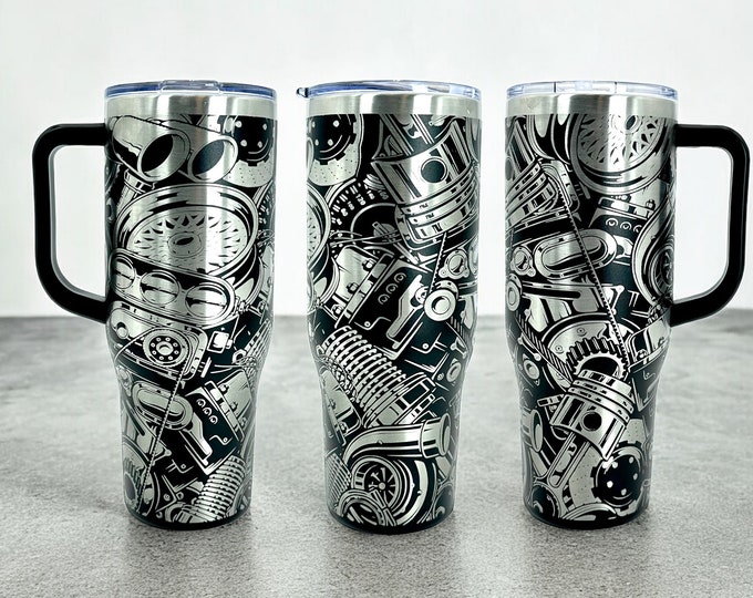 Laser Engraved Mechanic, Car Parts, Dad Cup, Tumbler With Handle, Lid ...