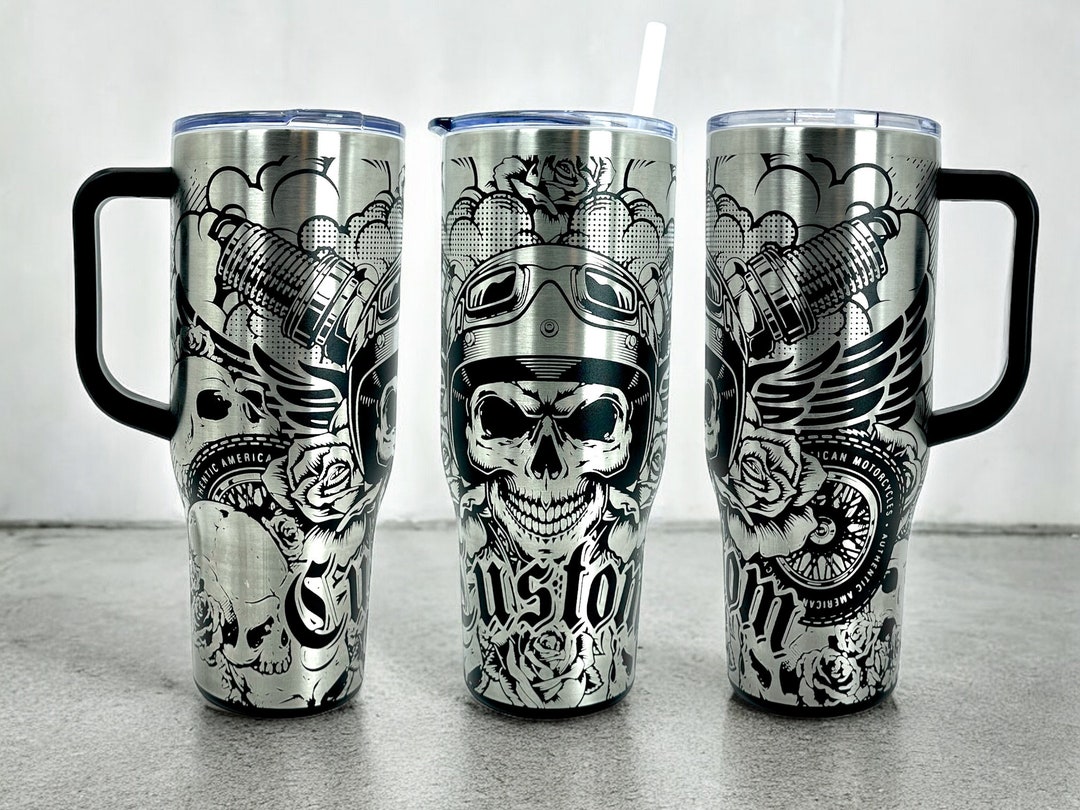 Motorcycle Skull and Engine Motif - 40oz Laser Engraved Steel Tumbler ...
