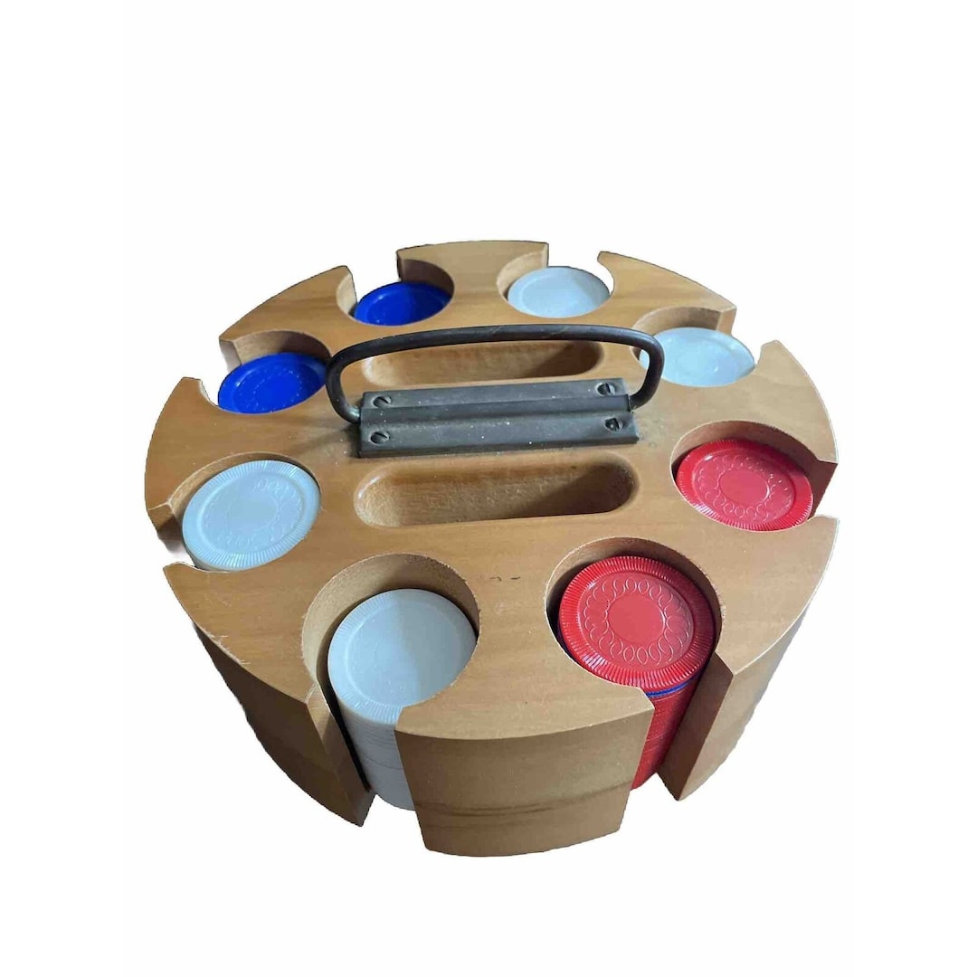 Vintage Round Wood 8 Rack Poker Chip Holder Caddy & Chips - Etsy